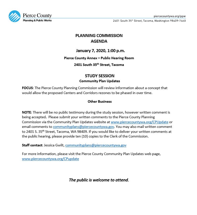 Community Plan Updates Jan. 7 & 9 – Pierce Prairie Post